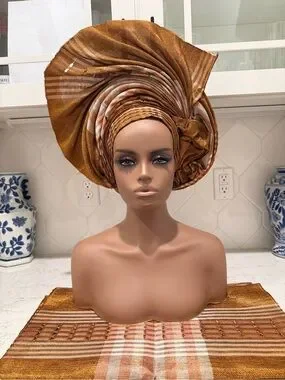 Accessories | Gold Brown Traditional African Bridal Asooke Auto Gele 2p ...